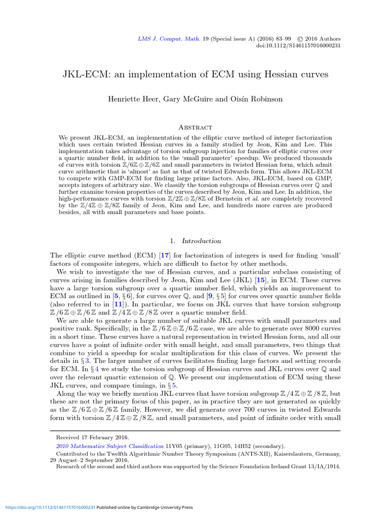 Toyjklecm An Implementation of Ecm Using Hessian Curves | PDF | Algebra | Number Theory