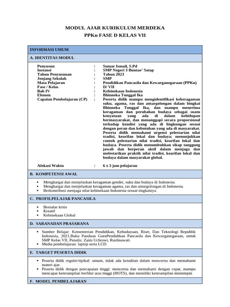 Modul Ajar PPKN Kelas 7 Bab 4 | PDF