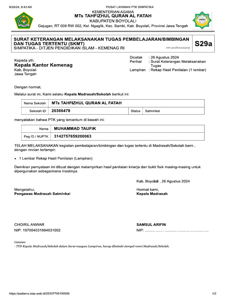 Penilaian SKBK SKMT Muhammad Taufik 2024-2025 | PDF