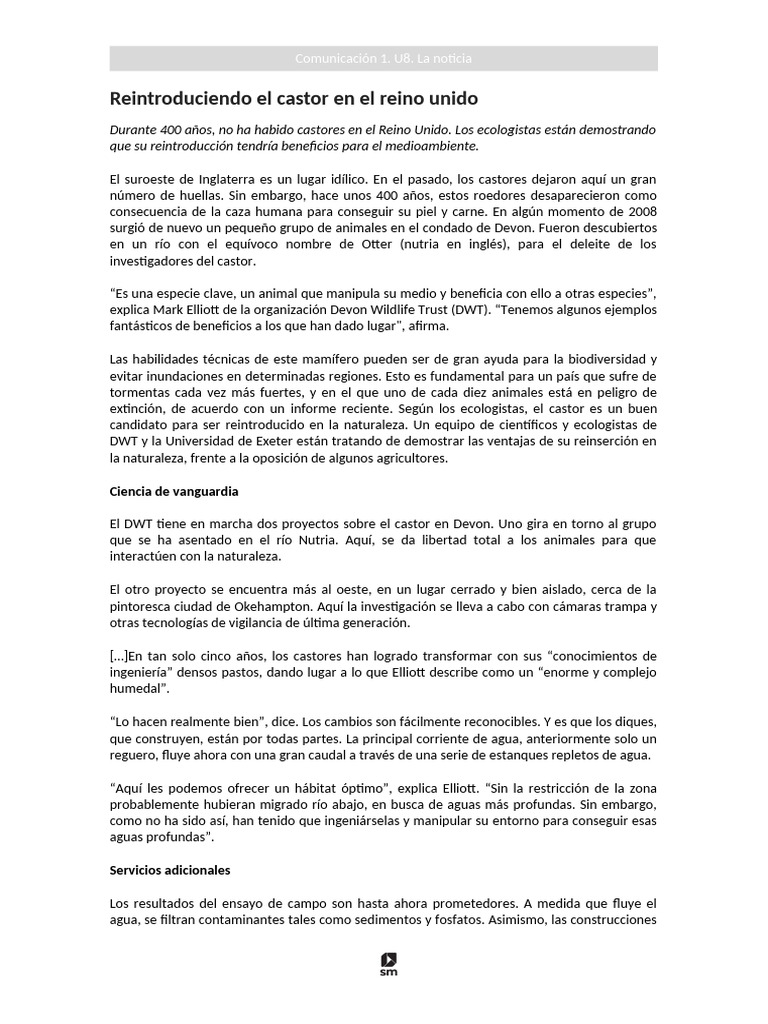 Lectura Reconstruyendo Al Castor Del Reino Unido | PDF | Castor | Agua