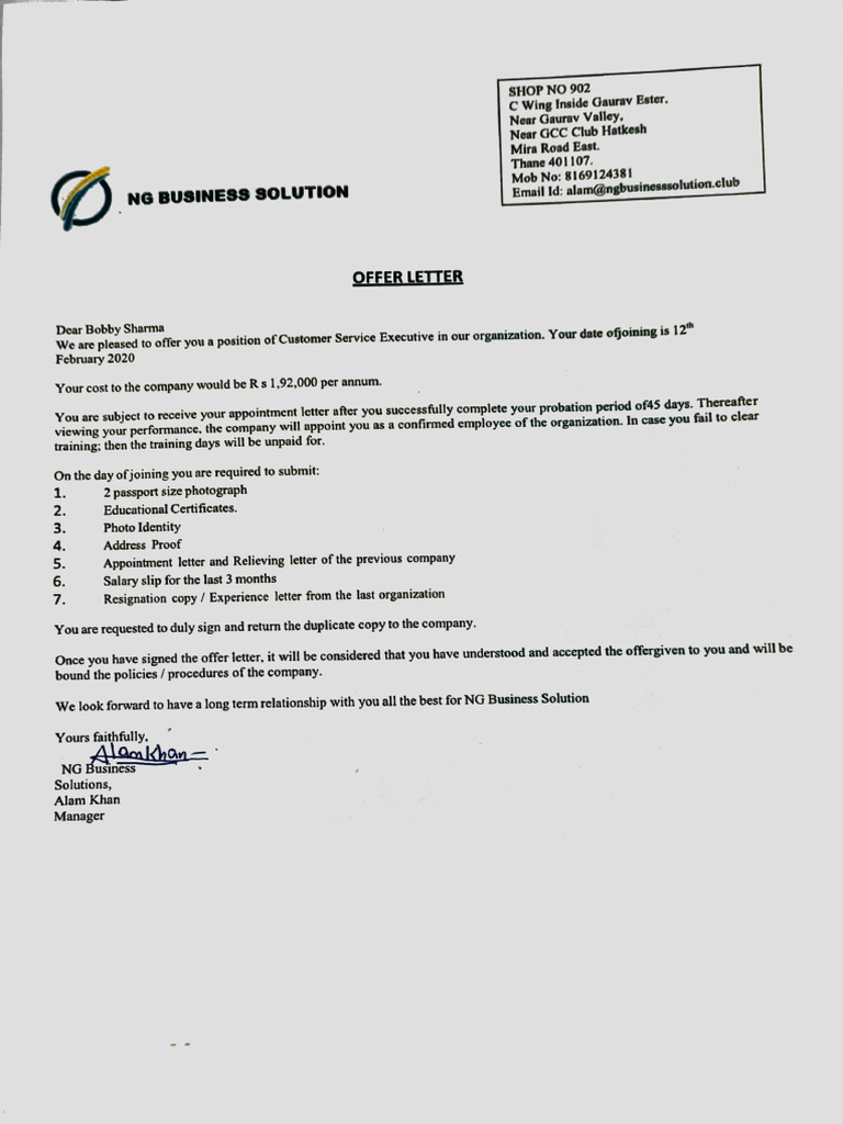 Bobby Offer Letter | PDF