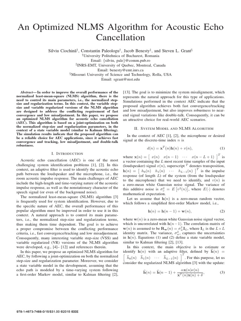 An Optimized NLMS Algorithm For Acoustic Echo Cancellation | PDF | Kalman Filter | Applied ...