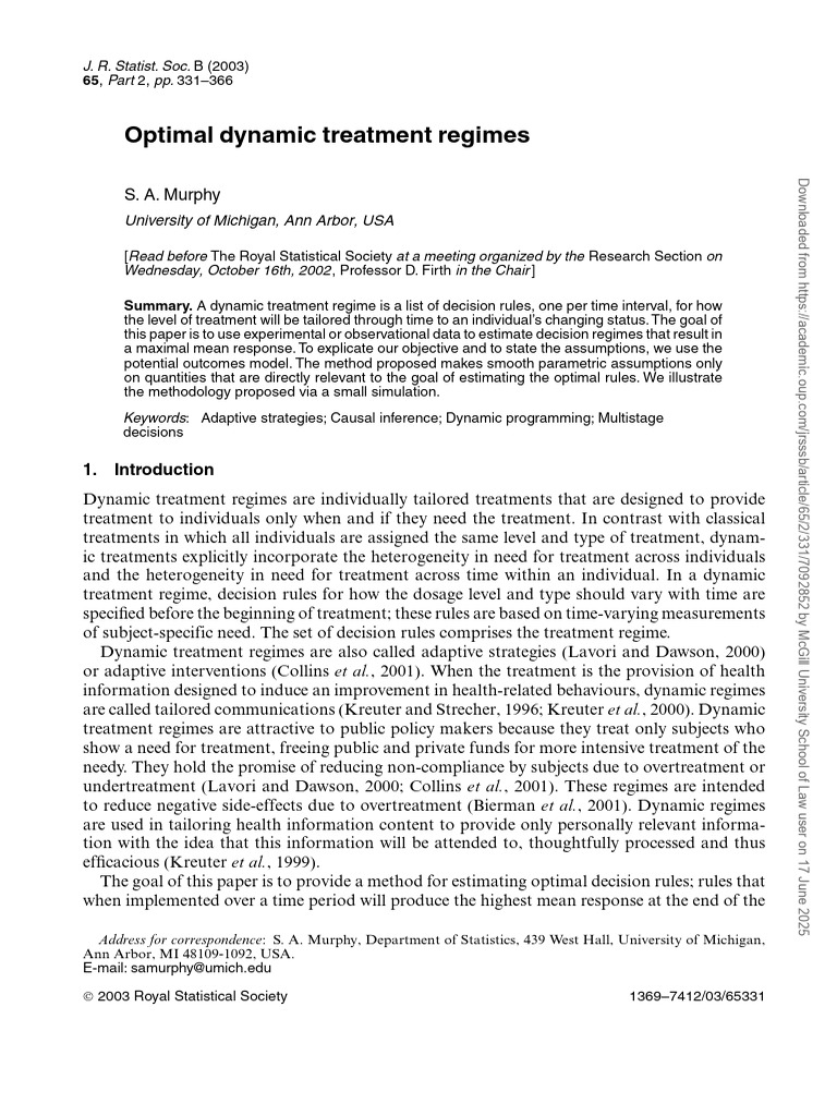 Optimal Dynamic Treatment Regimes Pdf Confounding Mathematics