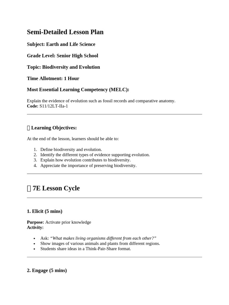 Biodiversity and Evolution Lesson Plan | PDF | Evolution | Biodiversity