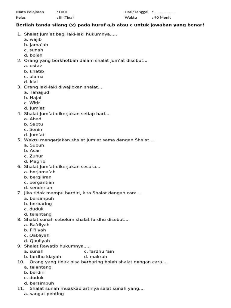 Soal Fiqih Kelas 3 | PDF