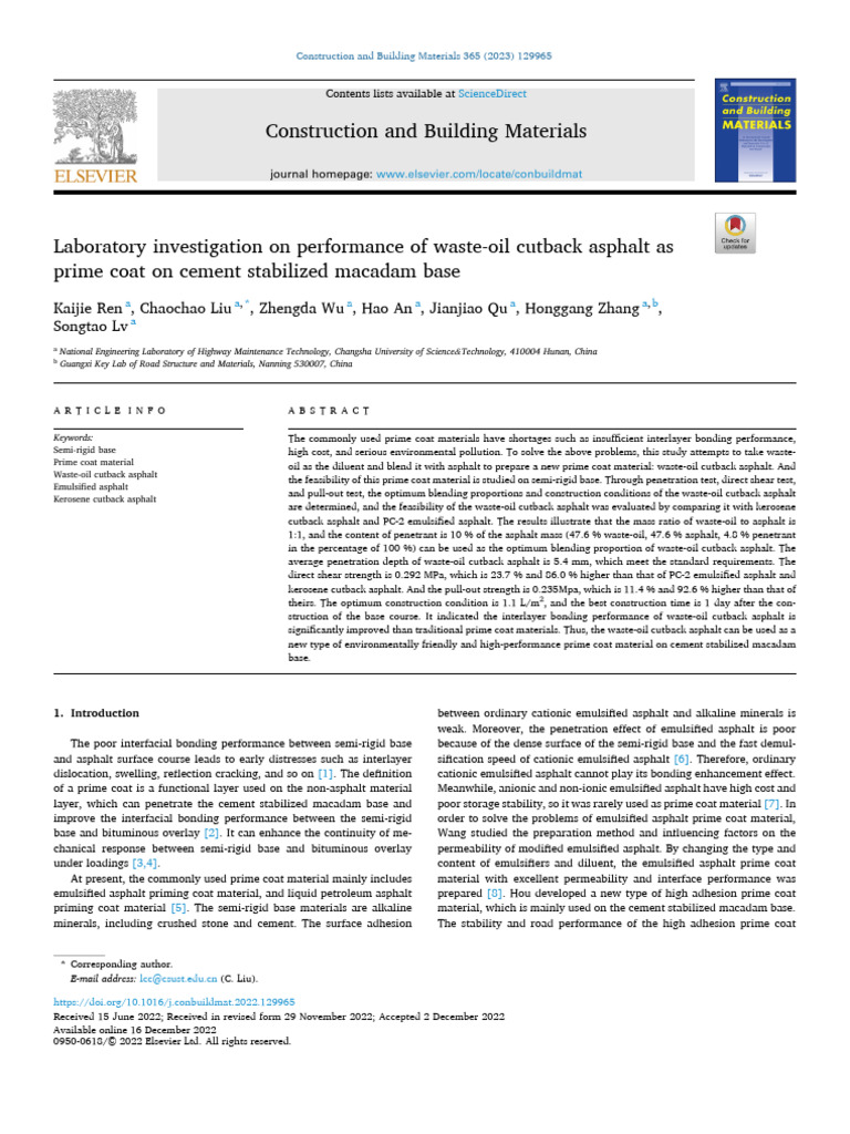 Laboratory Investigation On Performance of Waste-Oil Cutback Asphalt As Prime Coat On Cement ...