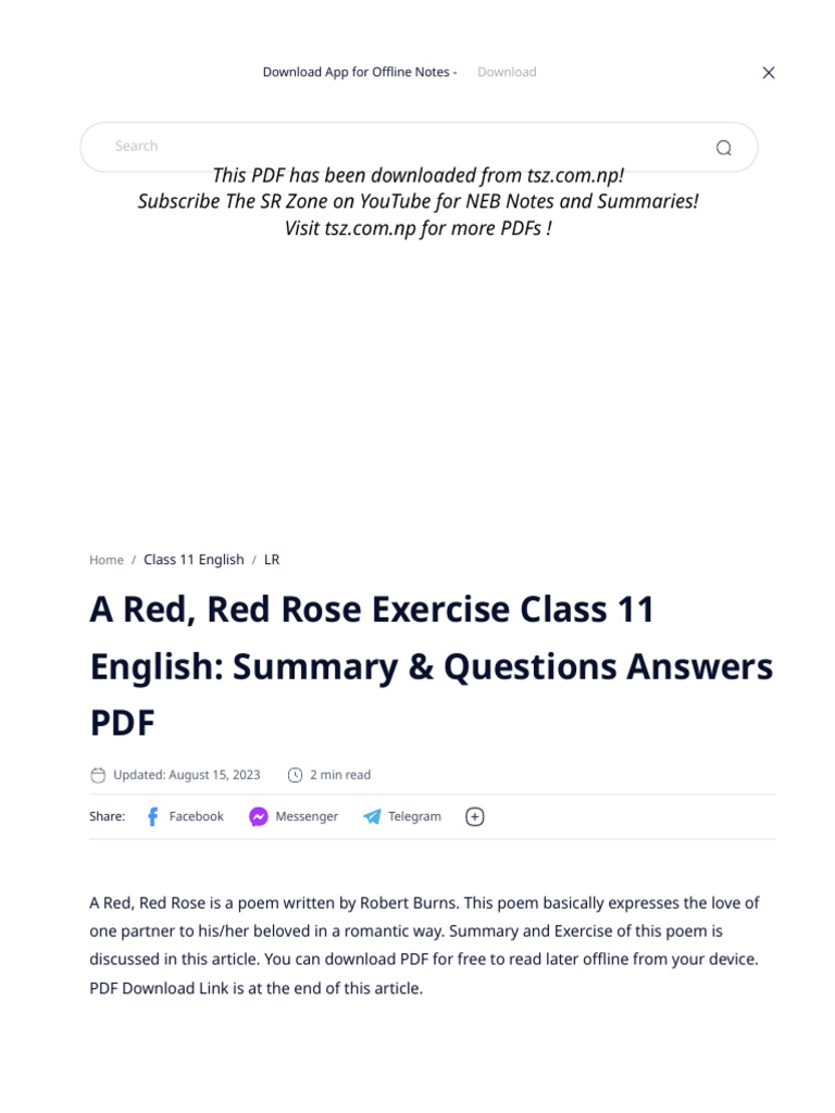 A Red, Red Rose Exercise Class 11 English - Summary & Questions Answers ...