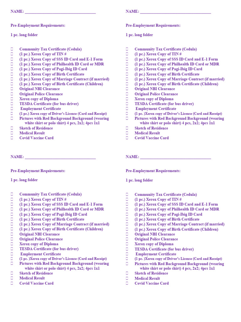 Pre-Employment Document Checklist | PDF