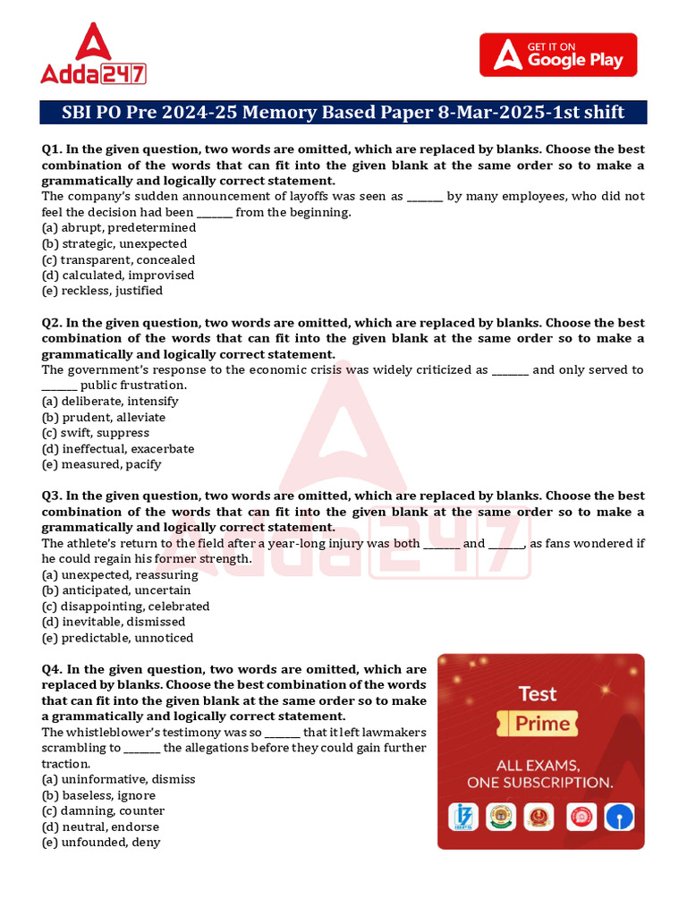 SBI PO Pre 2024 25 Memory Based Paper 8 Mar 2025 1st Shift Hindi | PDF ...