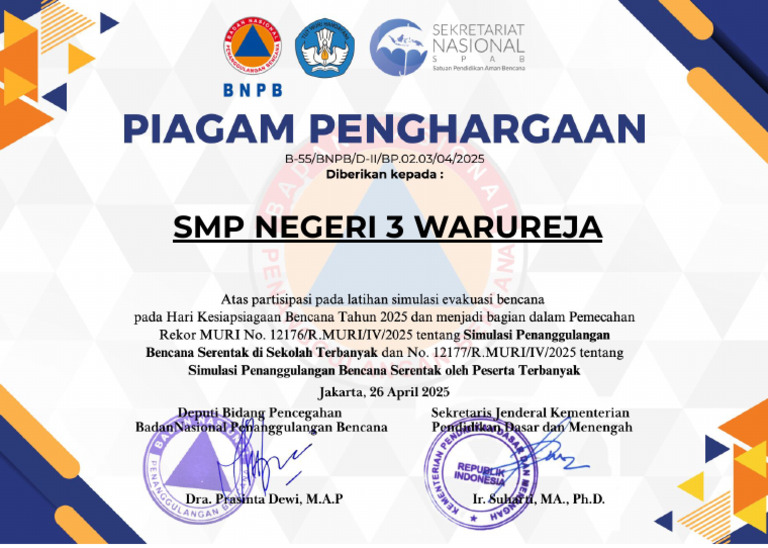 Piagam Penghargaan HKB 2025 SMP Negeri 3 Warureja | PDF
