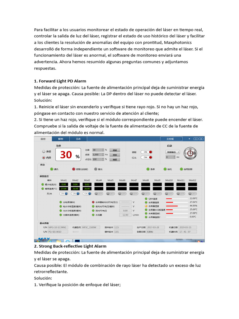 Alarmas del láser Maxphotonics G3 | PDF | Fuente de alimentación | Láser