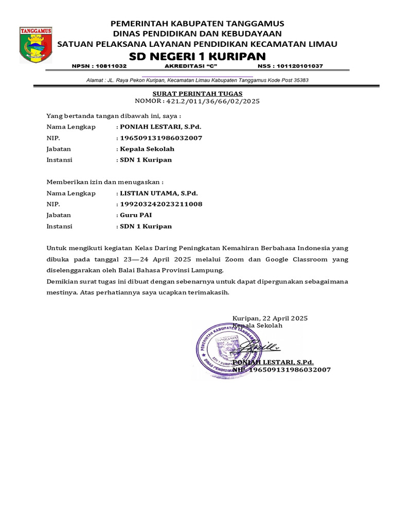Surat Tugas Kelas Daring Bahasa Indonesia | PDF