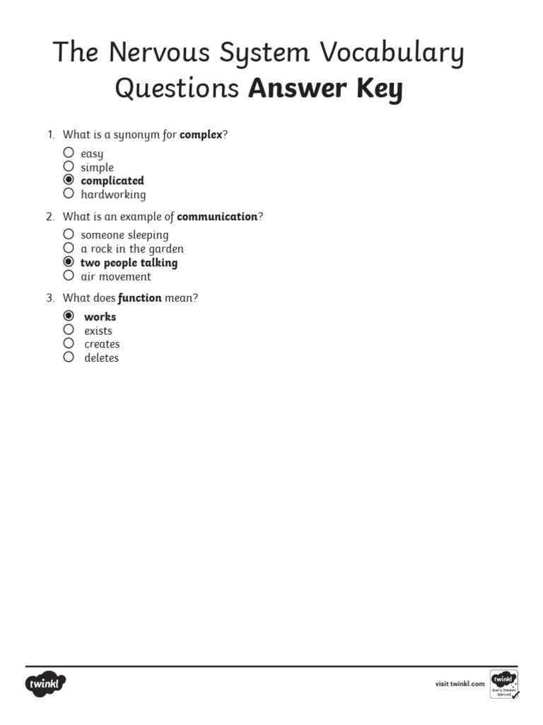 Answer Key The Nervous System Fact File and Vocabulary Questions | PDF
