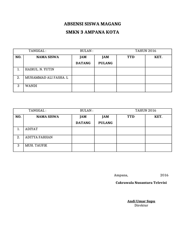 Absensi Siswa Magang | PDF