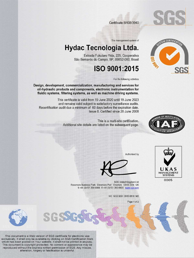 Hydac - Certificate Iso9001-2015 - Ukas | PDF