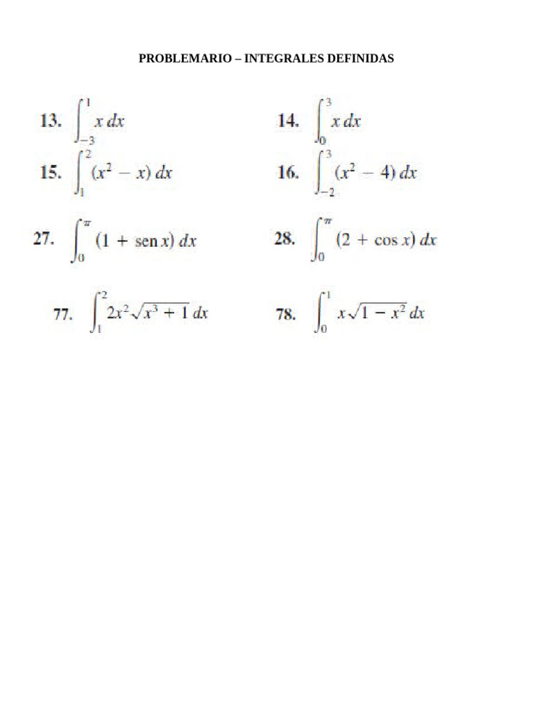 Problemario Integrales Definidas | PDF