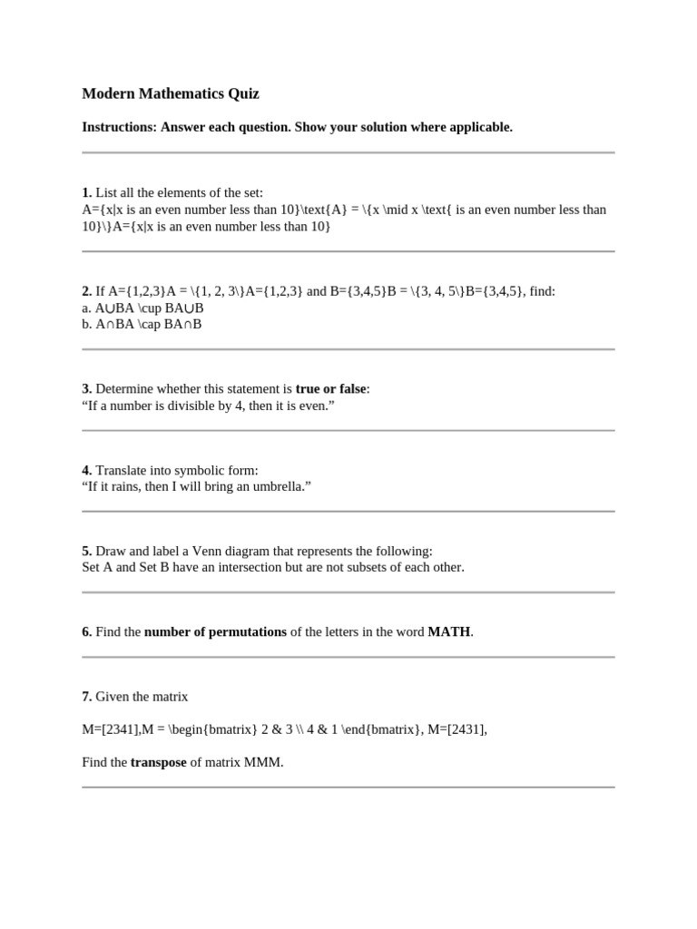 Modern Mathematics Quiz Questions | PDF