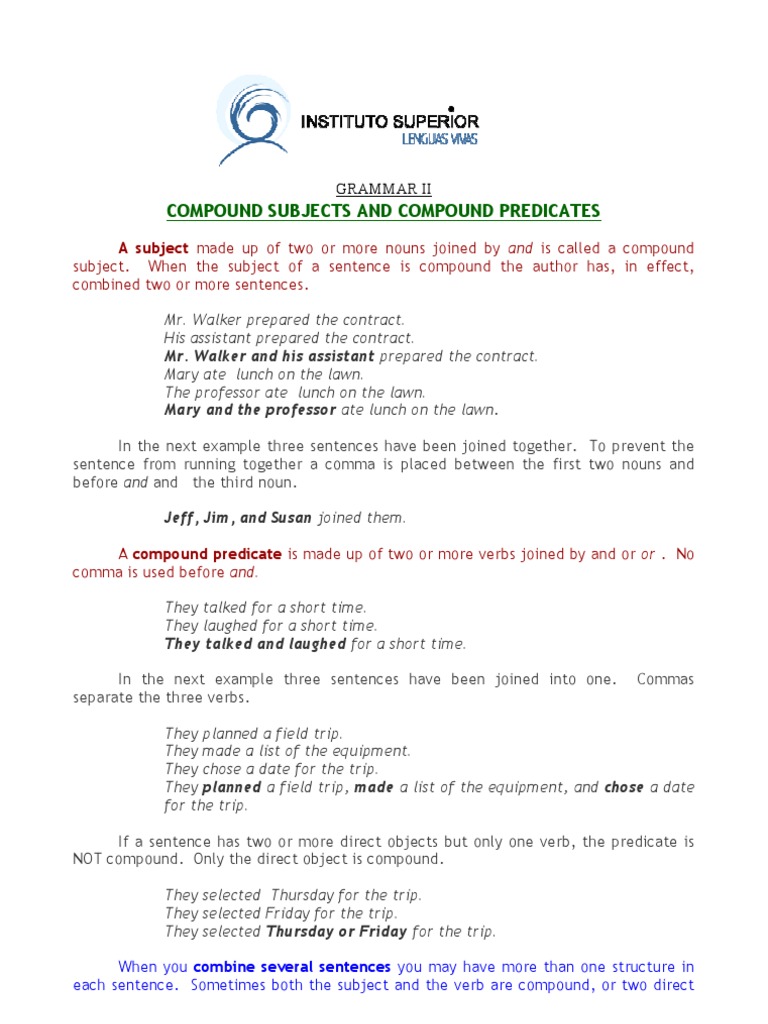 Compound Subjects, Predicates and Parallel Structures | PDF | Predicate ...