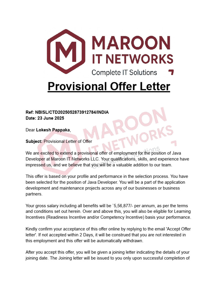 Lokesh Pappaka Provisional Offer Letter | PDF | Taxes | Employment
