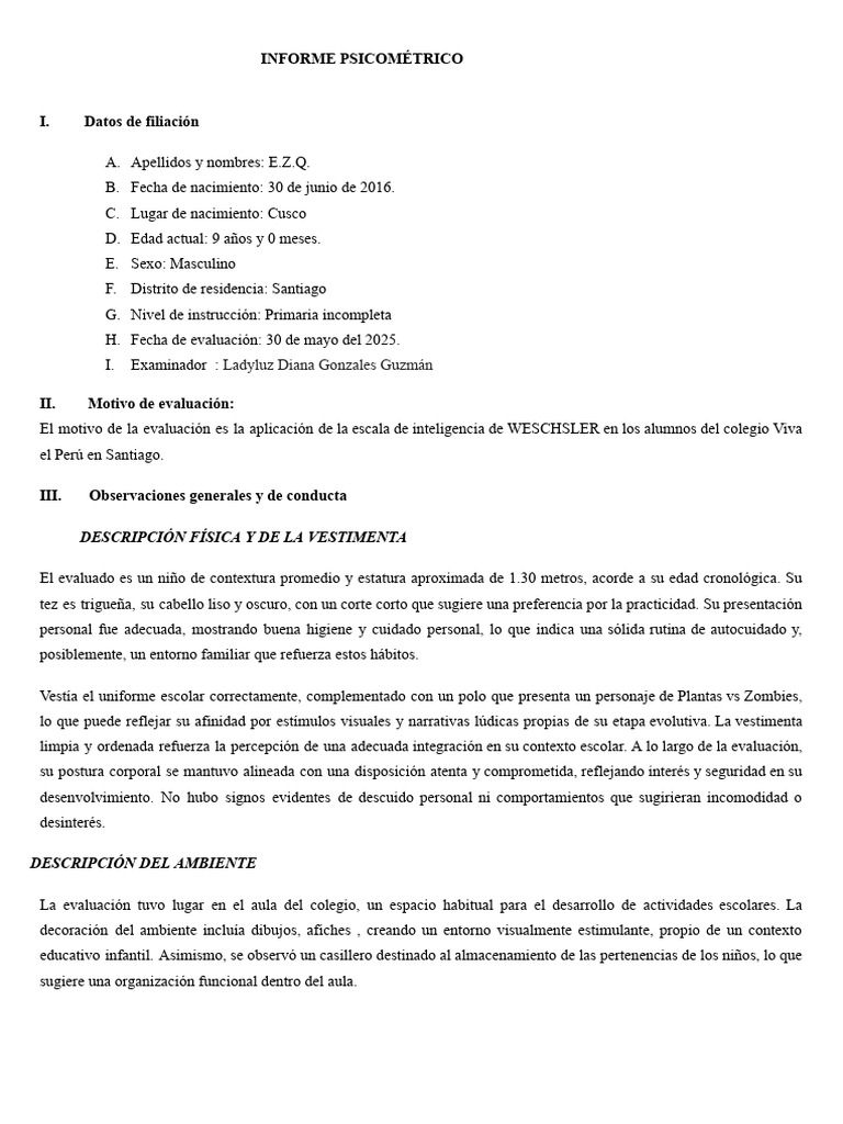 Informe Psicométrico Wisc-V | PDF | Cociente de inteligencia | Memoria