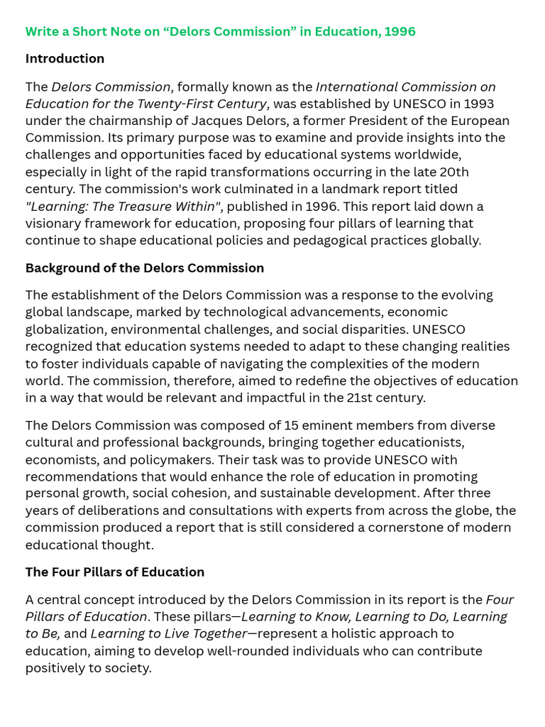 Delors Commission: Four Pillars of Education | PDF | Learning ...