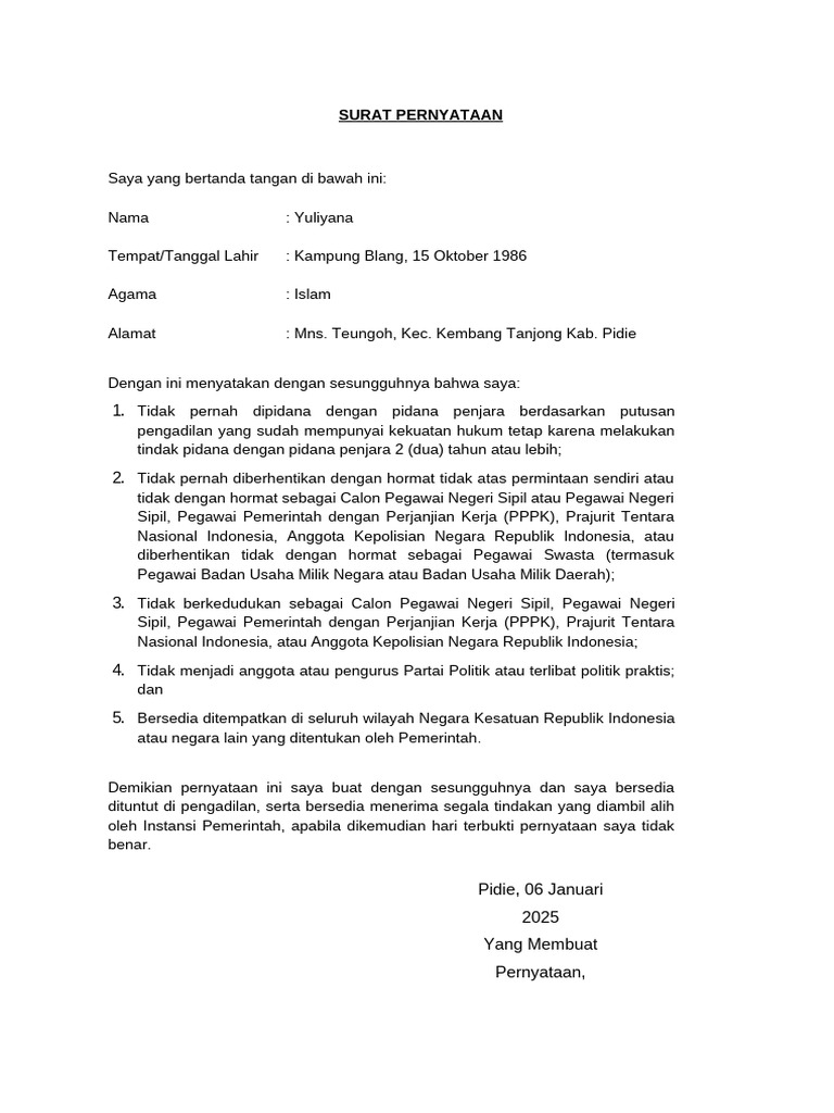 Surat Pernyataan Yuliyana 2025 | PDF