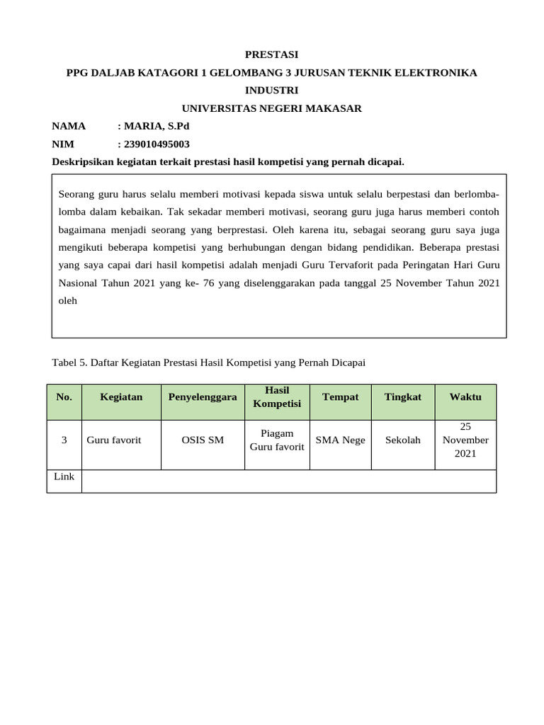 Tabel 5. Deskripsikan Kegiatan Terkait Prestasi Hasil Kompetisi Yang ...