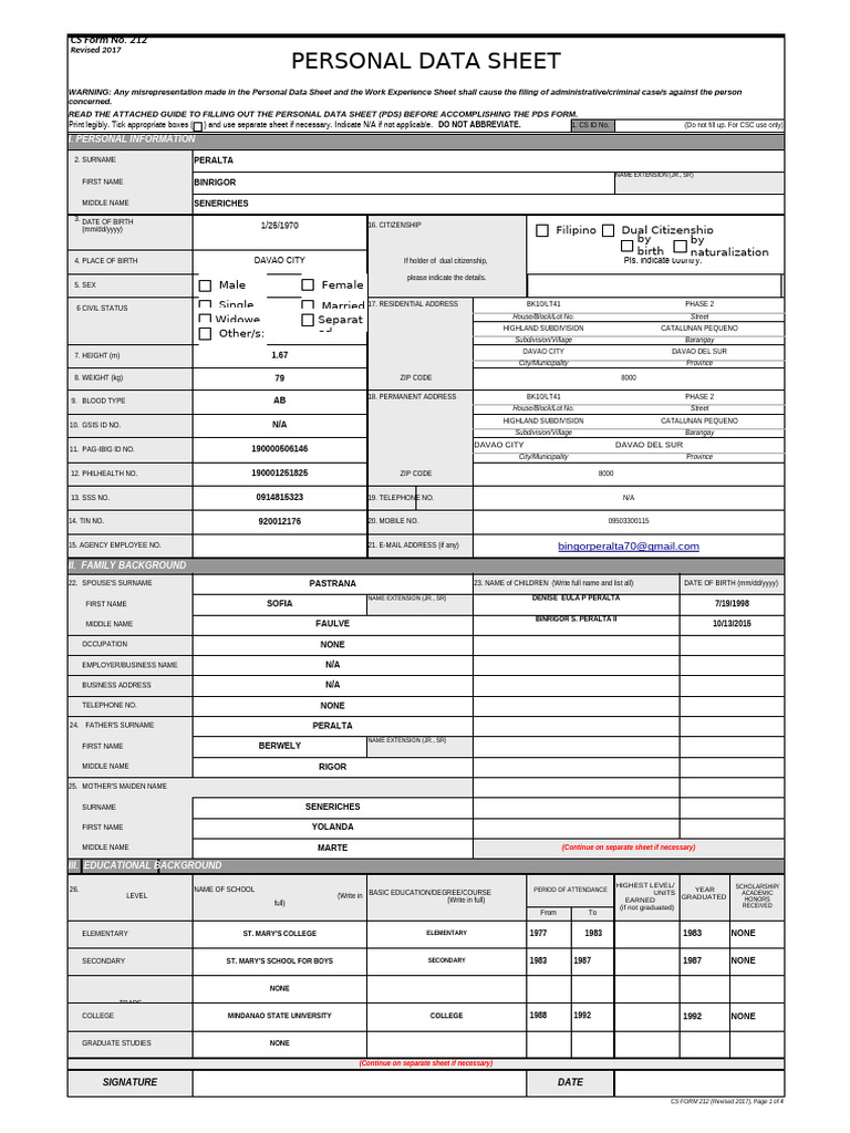 CS Form No. 212 Personal Data Sheet Revised | PDF