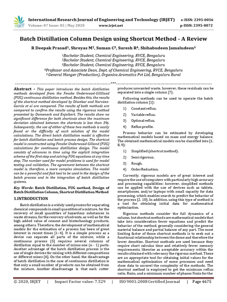 Batch Distillation Column Design Using Shortcut Method - A Review | PDF | Distillation ...