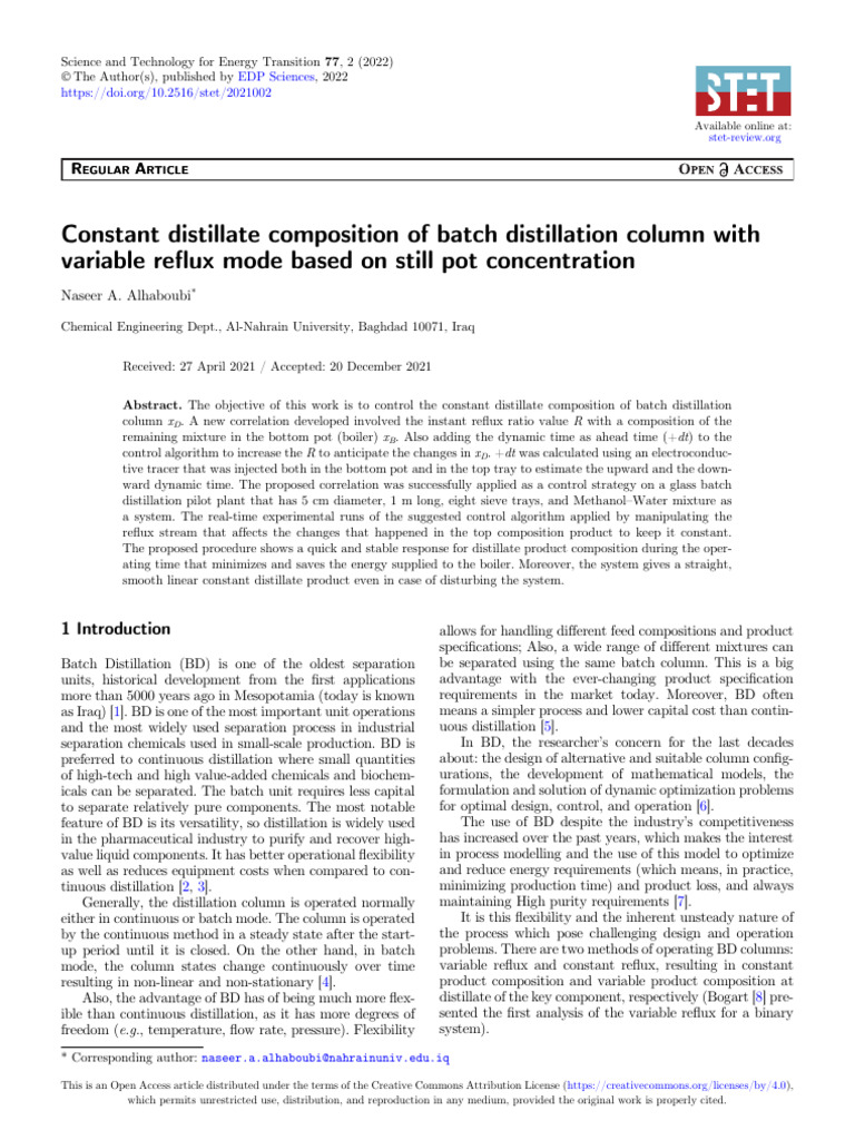 Constant Distillate Composition of Batch Distillation Column With Variable Reflux Mode Based On ...