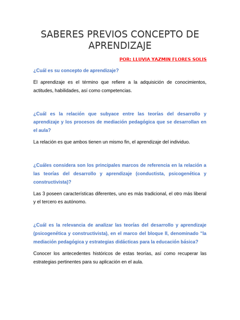 Saberes Previos Concepto de Aprendizaje | PDF