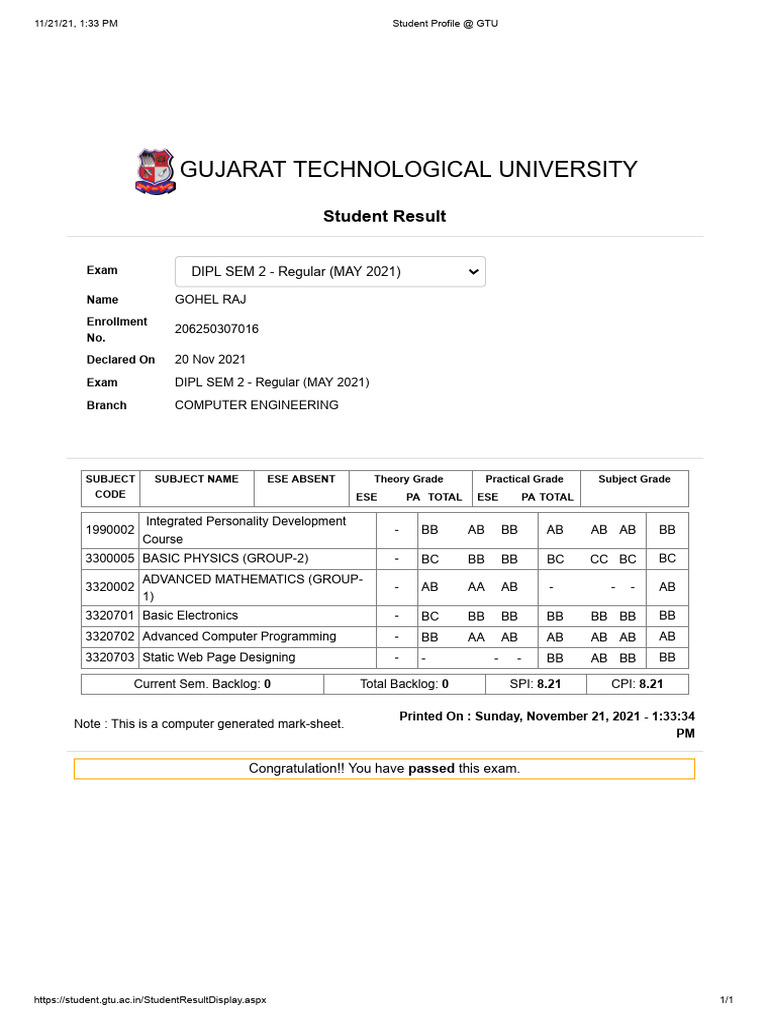 Sem2 Student Profile at GTU | PDF