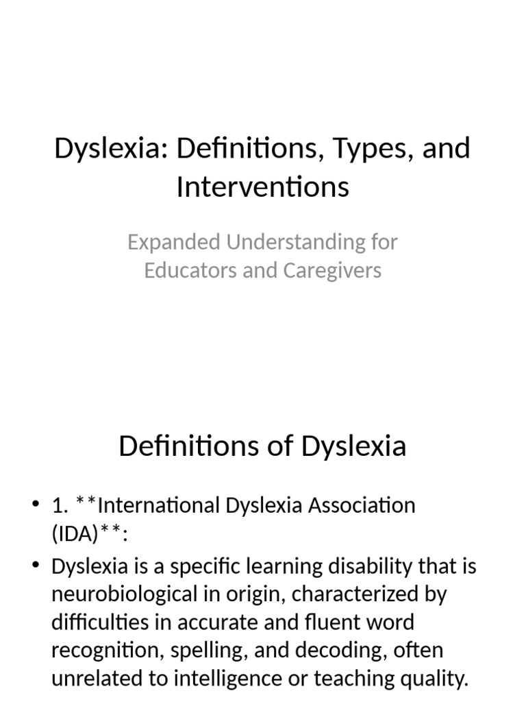 Dyslexia Detailed Definitions Types Interventions | PDF