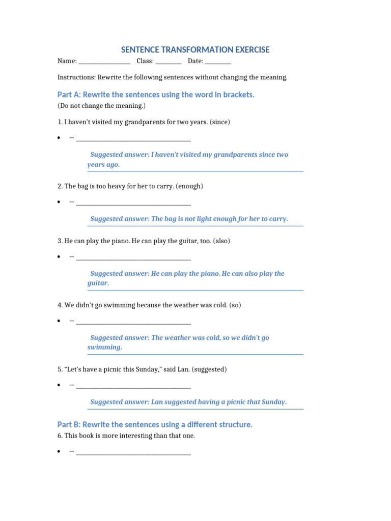 Sentence Transformation Exercise | PDF
