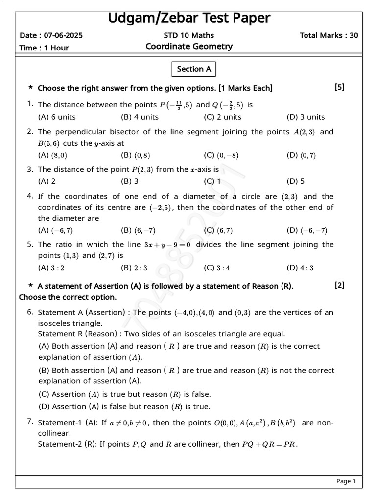 Class 10 Coordinate Geometry Test Paper | PDF | Cartesian Coordinate ...