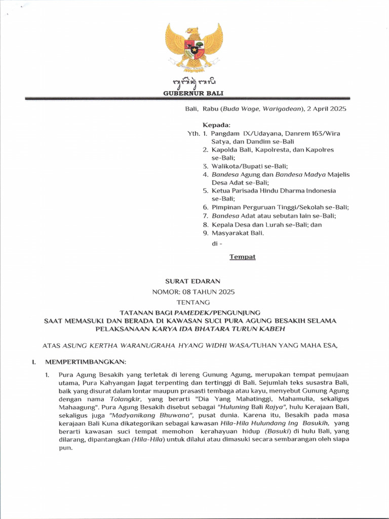 SE No 08 Tahun 2025 - Tatanan Bagi Pemedek Dan Pengunjung Di Pura Agung Besakih (Scan TTD) | PDF