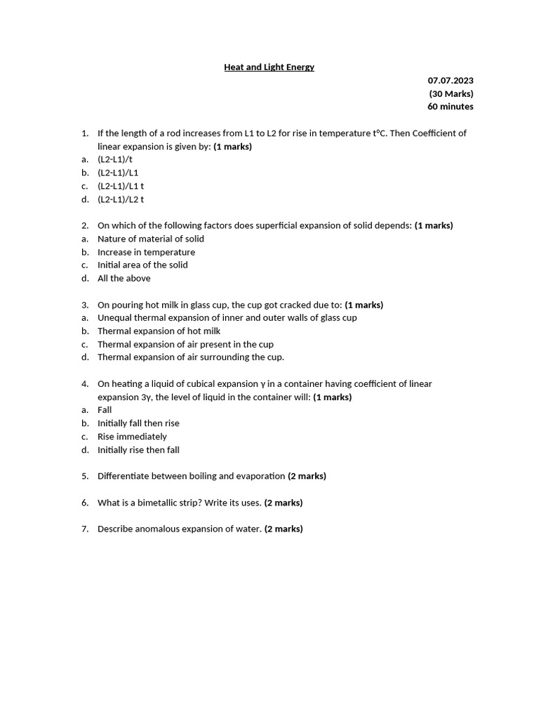 Class 8 ICSE Heat and Light MCQs | PDF | Thermal Expansion | Heat