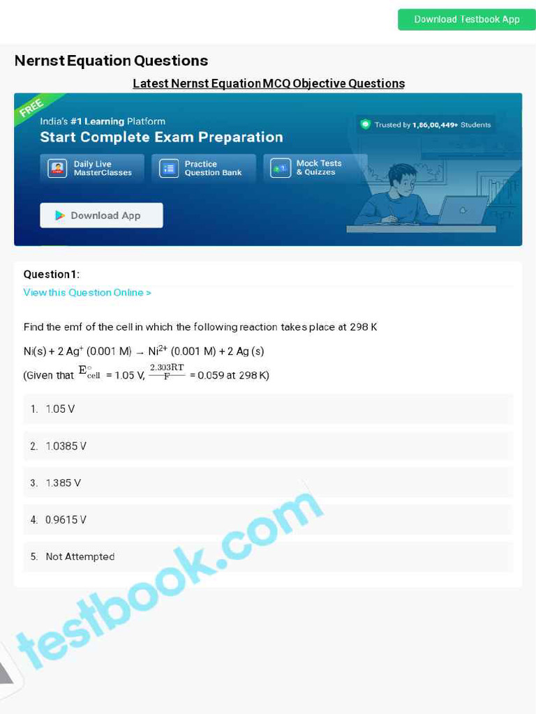 MCQ On Nernst Equation 621f7b44cc6c39c996a66dc2 | PDF