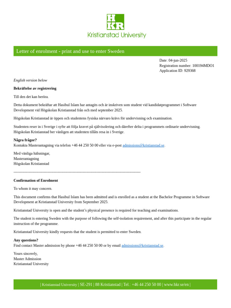 Letter of Enrolment - Print and Use To Enter Sweden: English Version ...