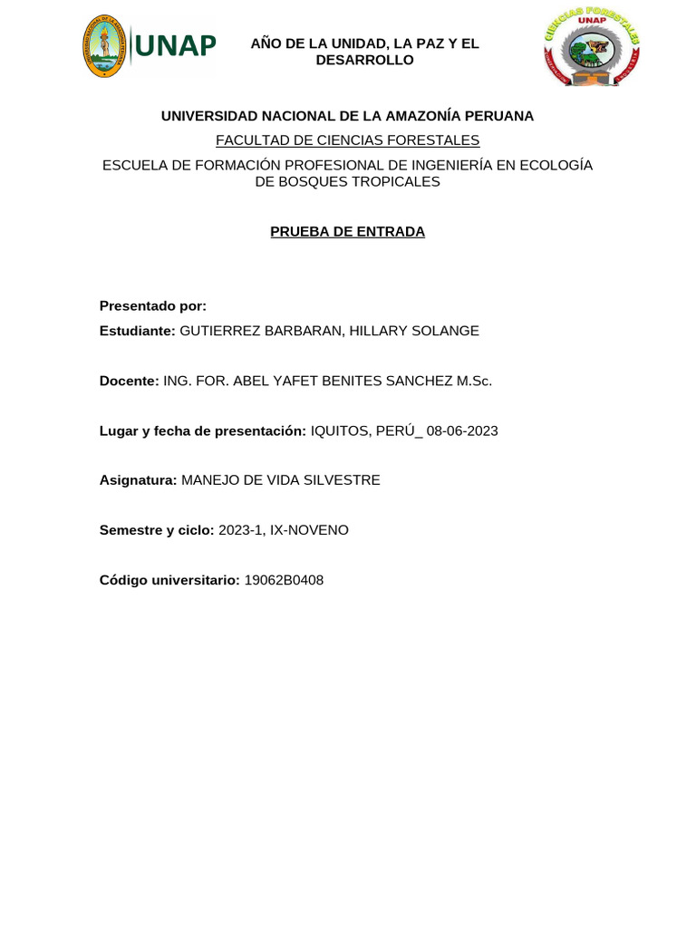 Prueba de Entrada - Hillary Gutierrez - Semestre-2023-1 | PDF | Fauna ...