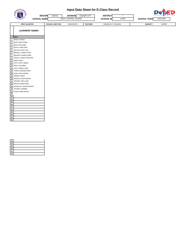 Mapeh Bonifacio E-Classrecord 1 ST Quarter 2024-2025 | PDF