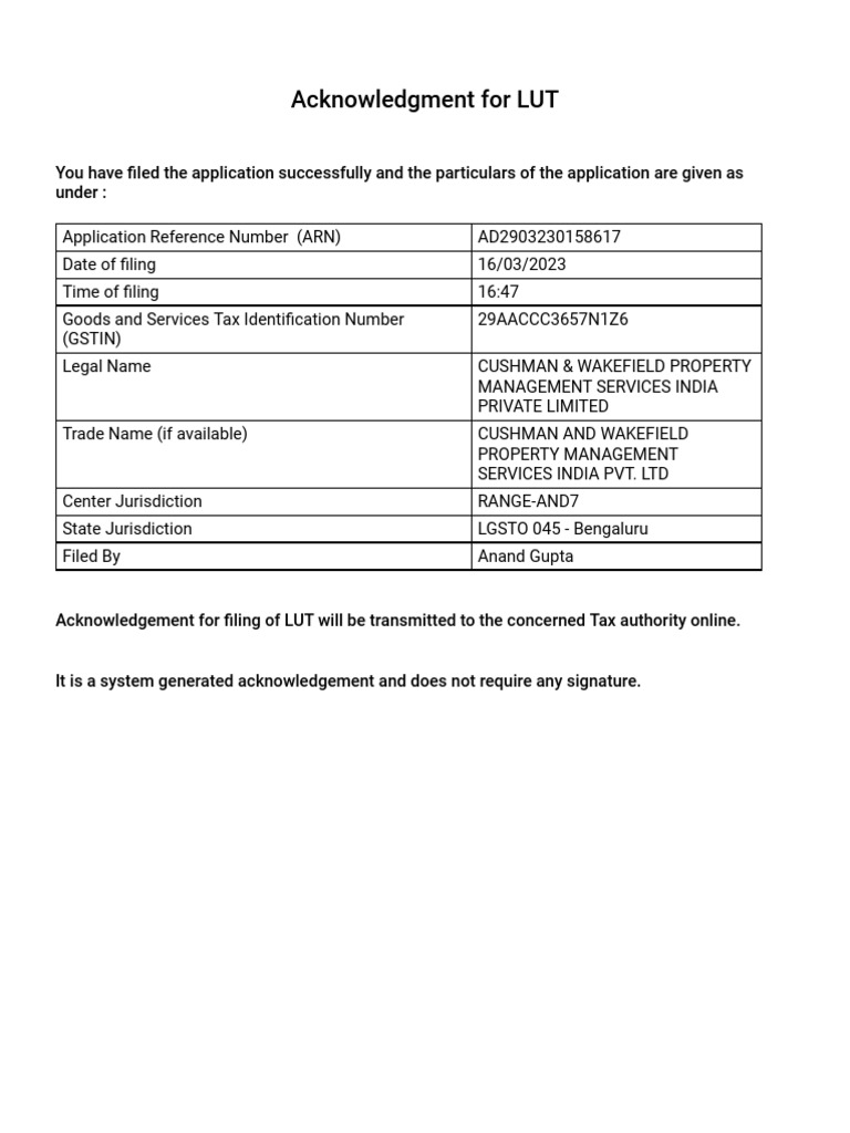 Acknowledgement GST RFD - 11 - KR | PDF