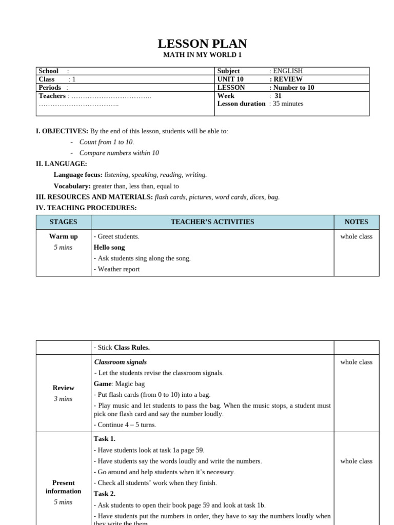Math in My World 1 - Unit 10 | PDF | Lesson Plan | Learning