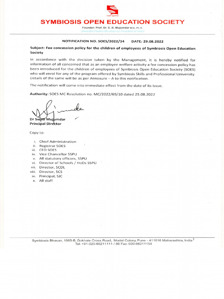 Fee Concession For Children of Staff | PDF