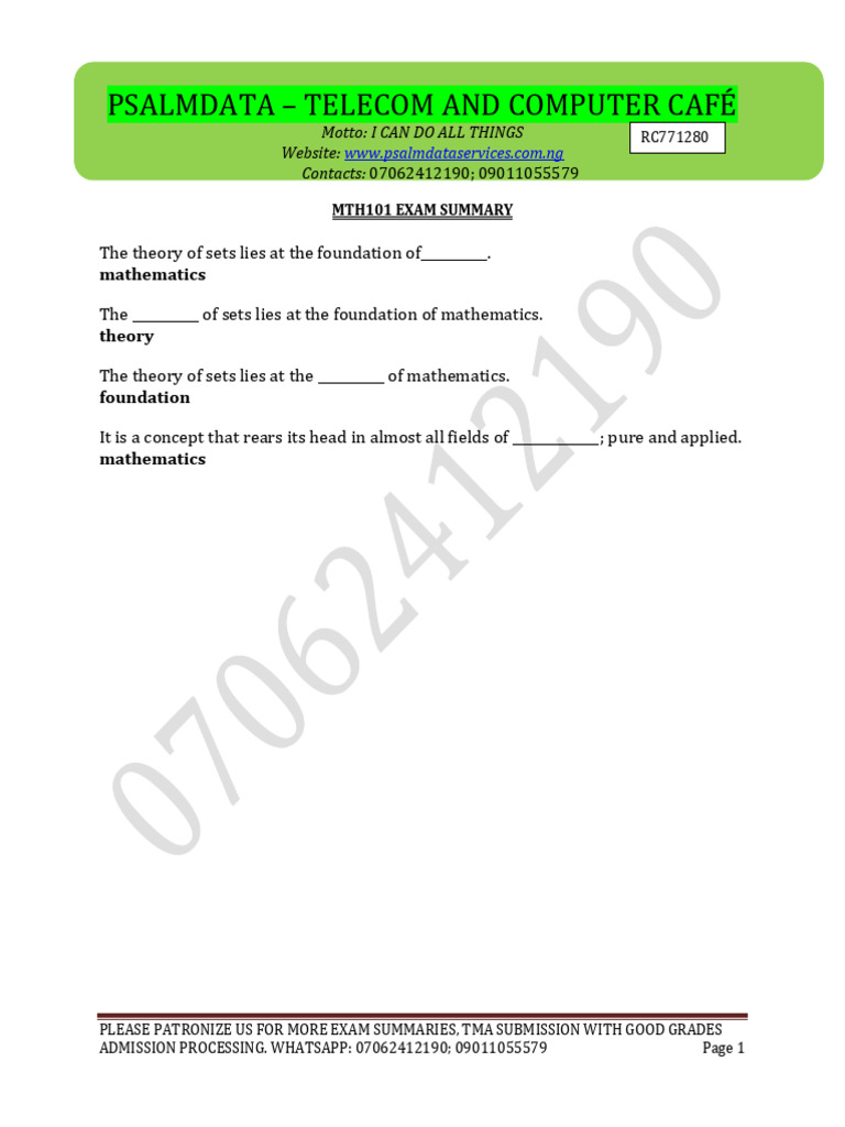 MTH101 Exam Summary - 07062412190 | PDF | Set (Mathematics) | Numbers