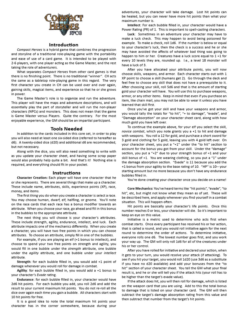 Compact Heroes Instructions | PDF | Gaming | Role Playing Games