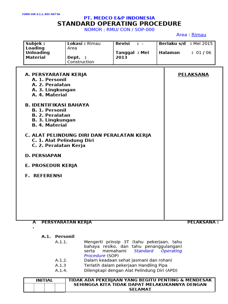 Sop Loading Unloading Material | PDF