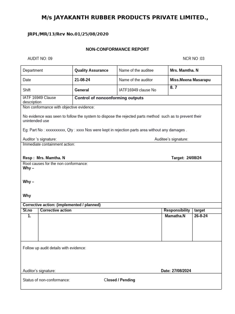 NC-03 - Rejected Parts Dispose NC | PDF