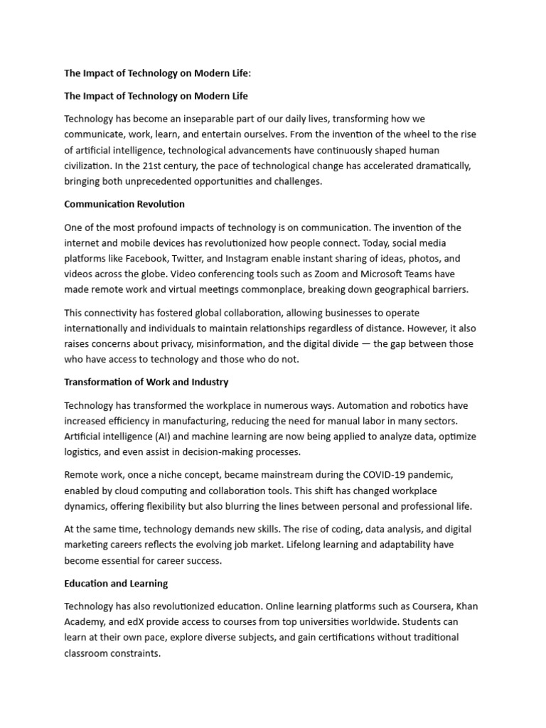 Technology's Impact on Modern Life | PDF | Artificial Intelligence ...