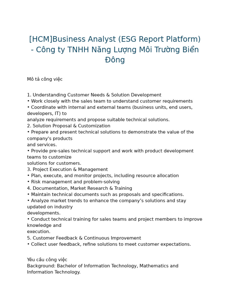 JD - Business Analyst (ESG Report Platform) | PDF | Agile Software Development | Computing